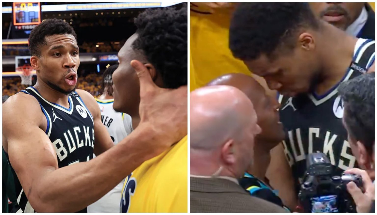 Giannis Antetokounmpo & John Haliburton Exchange Words